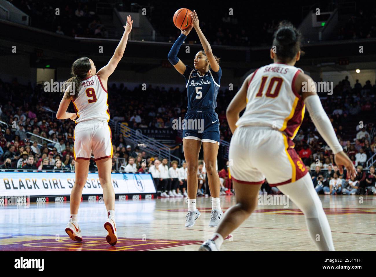 Penn State Lady Lions forward Tamera Johnson (5) shoots over USC ...