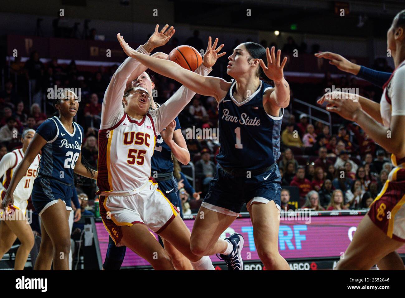 USC Trojans guard Talia von Oelhoffen (55) is fouled by Penn State Lady ...