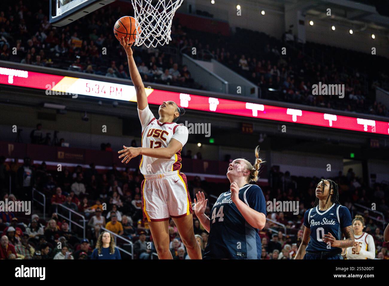 USC Trojans guard JuJu Watkins (12) scores against Penn State Lady Lions center Gracie Merkle ...