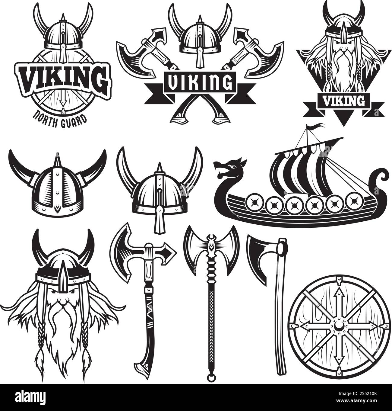 Medieval warriors and his weapons. Labels with vikings. Set isolate on ...