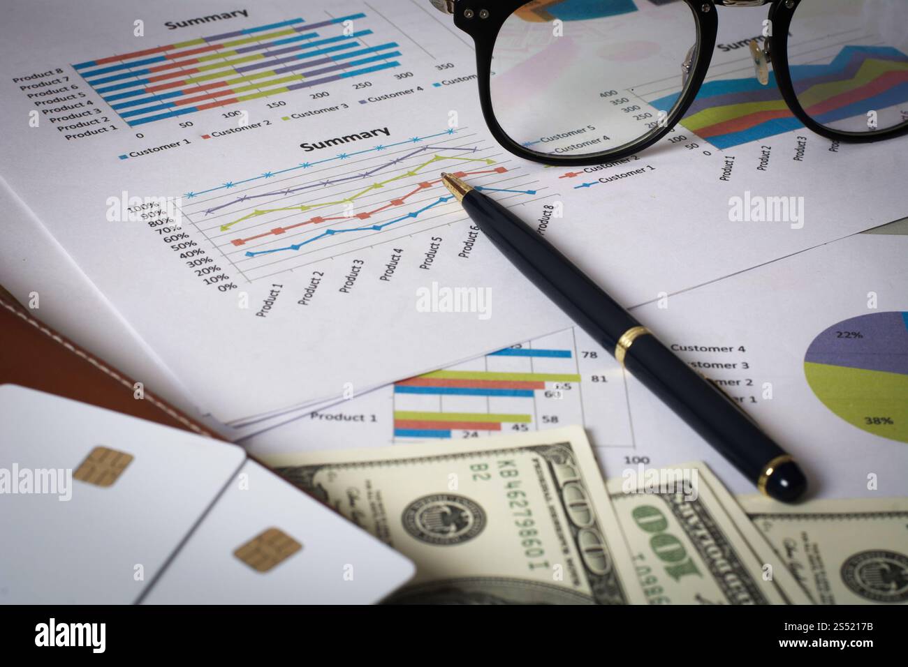 business workplace with paper chart,graph and money. Business fi ...