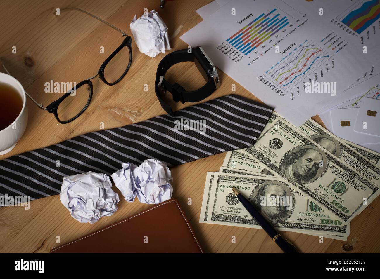business workplace with paper chart,graph and money. Business fi ...