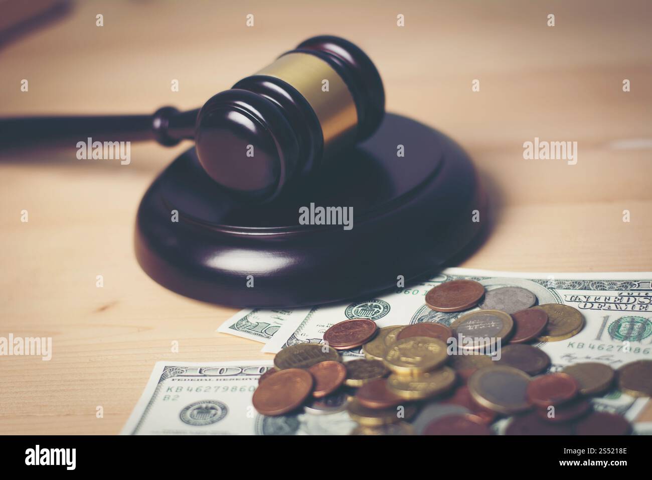 Concept of Legal court gavel on assorted cash, Close up Stock Photo - Alamy