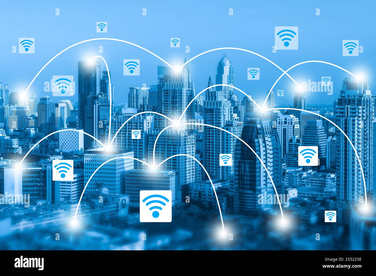 Cityscape and network connection concept in the city at night. B ...