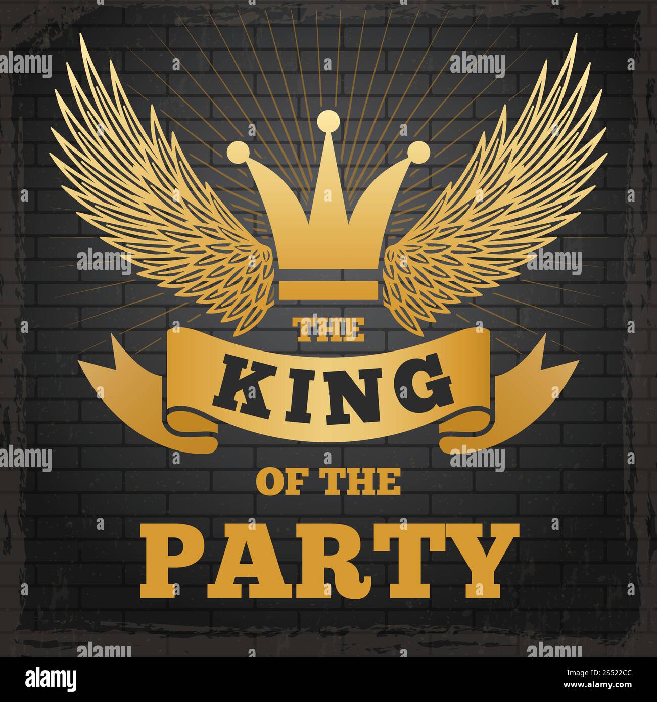 Luxury poster with golden illustrations of crown and wings. King party ...