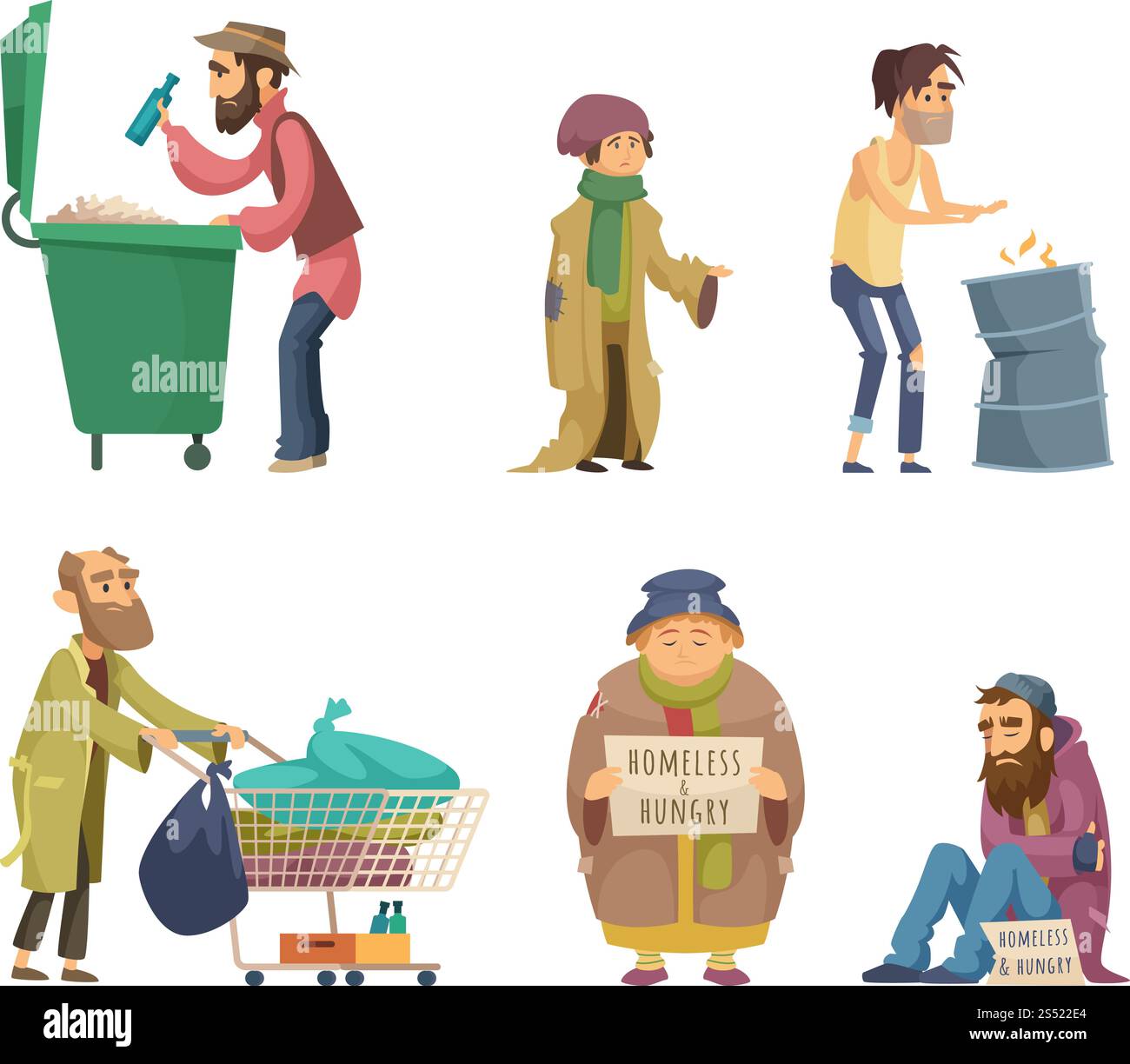 Poor and homeless adults people. Vector characters set. Homeless dirty ...