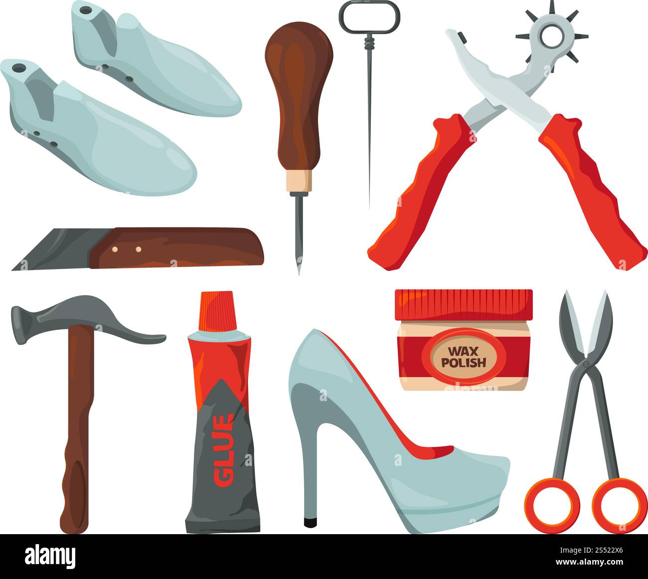 Tradesman in shoes repair workshop. Vector pictures isolate ...