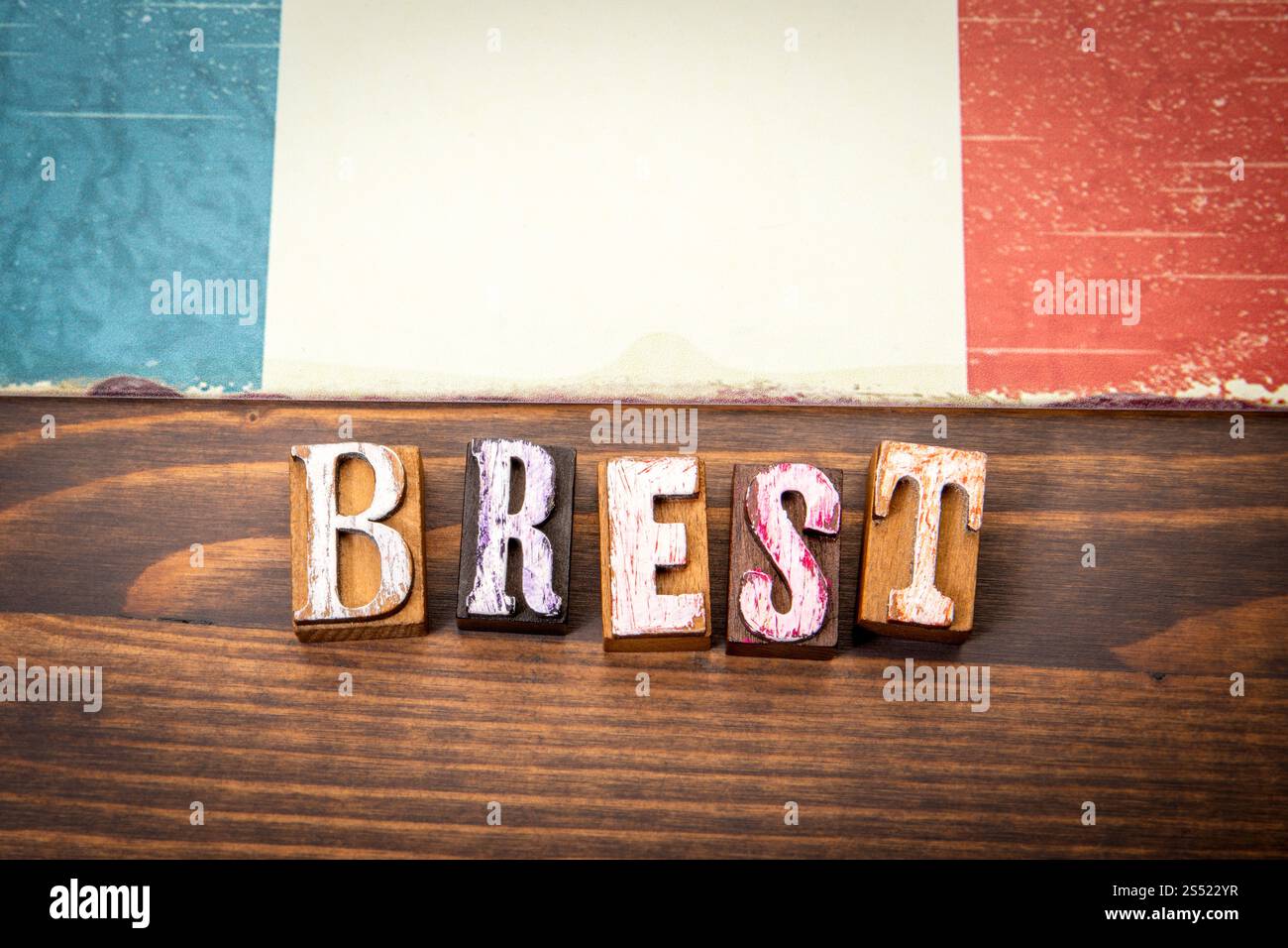 BREST. City in france. Flag and alphabet letters on wooden texture background Stock Photo - Alamy