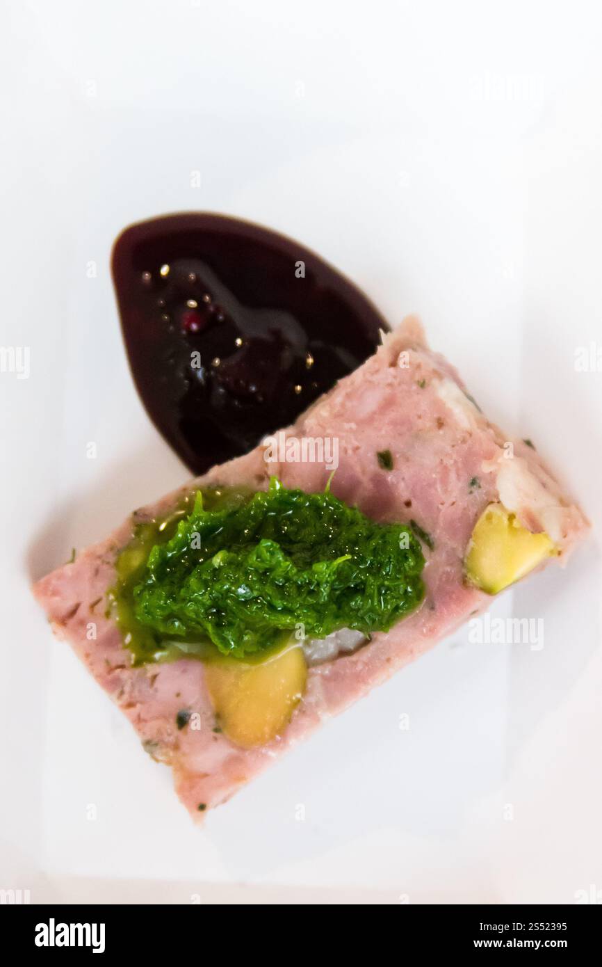 Gourmet Terrine Dish with Fruit Reduction and Herb Garnish on Plate ...