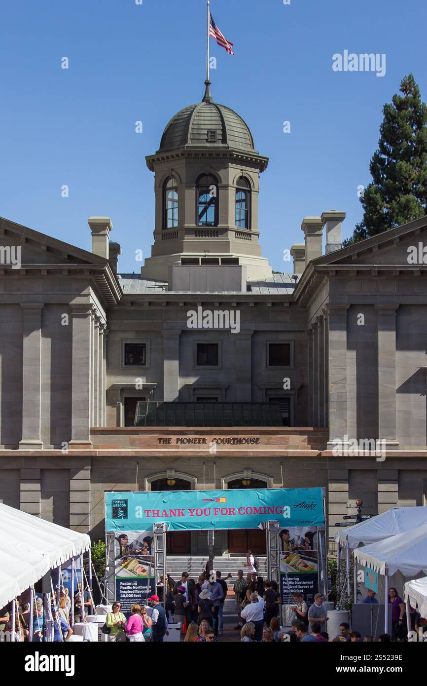 Historic Pioneer Courthouse with Outdoor Event and Visitors in Sunny ...