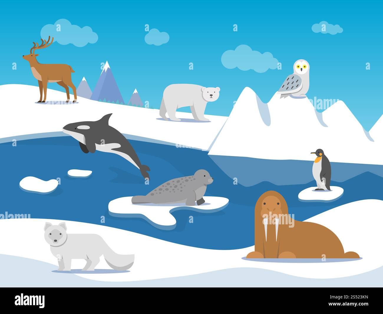 Arctic landscape with different polar animals. Vector animal arctic ...