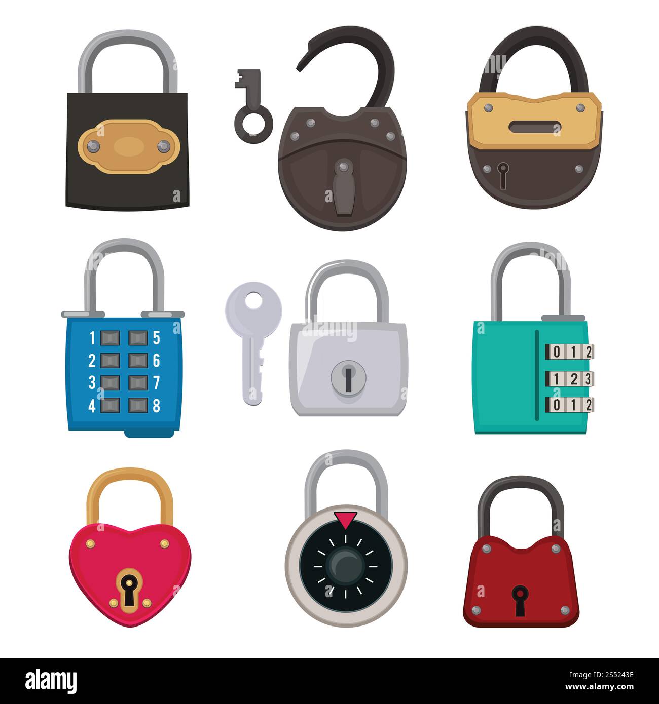 Different Types Of Antique Padlocks Isolate On White Safeguard Concept Illustrations Vector