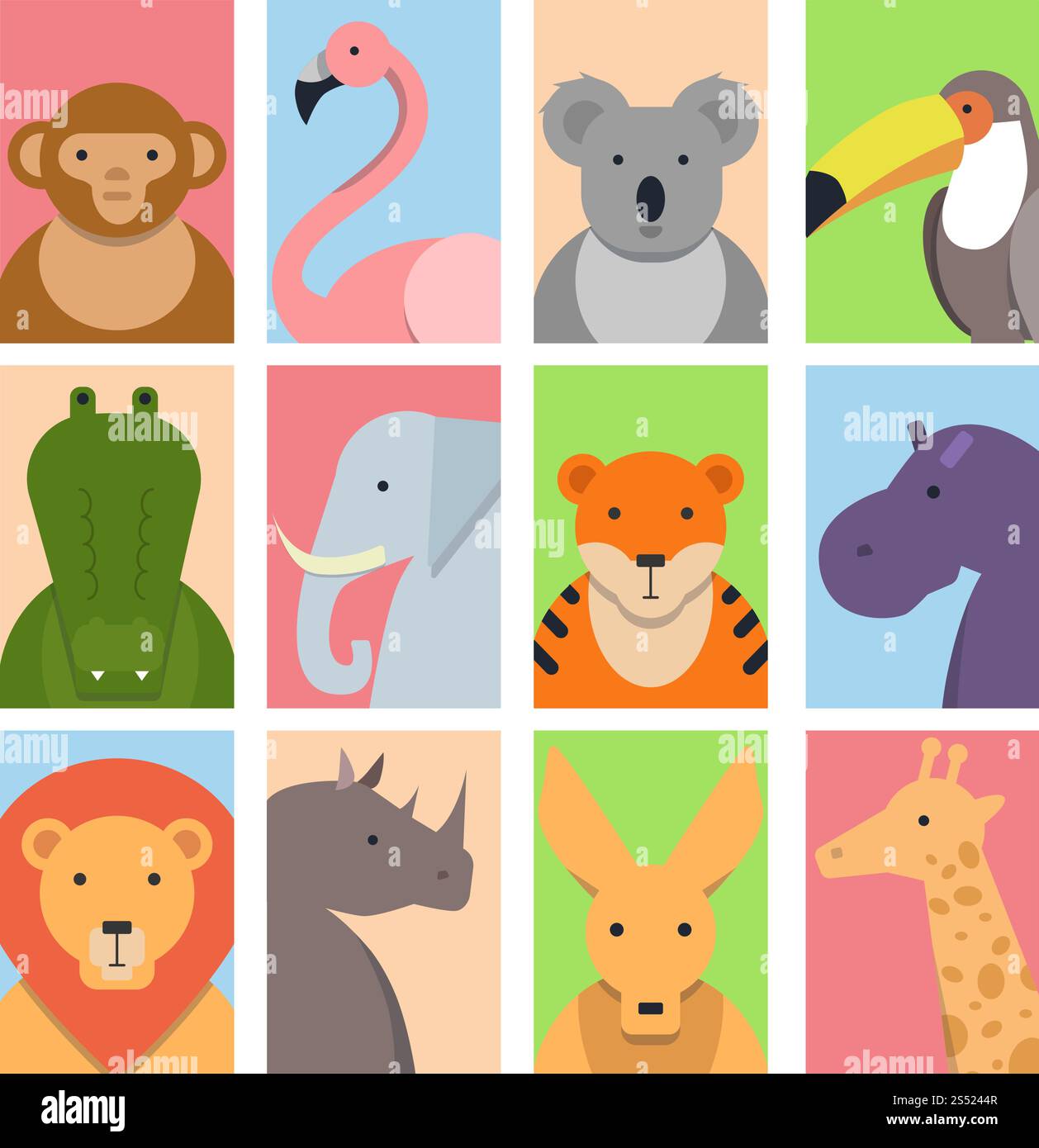 Cute square avatars with wild animals. Elephant and rhinoceros, giraffe ...