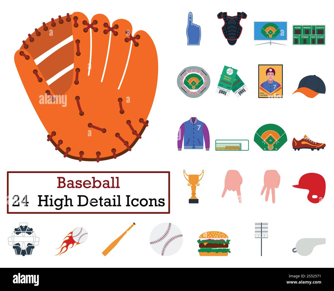 Set of 24 Baseball Icons. Flat color design. Vector illustration Stock ...
