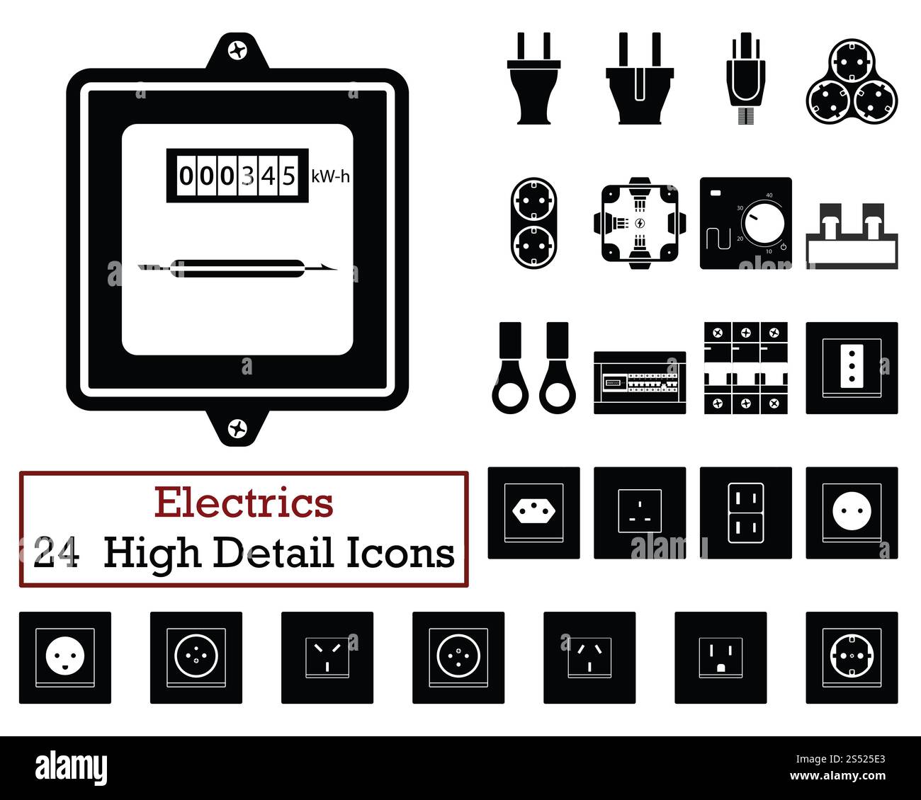 Set of 24 Electrics Icons. Monochrome color design. Vector illustration ...