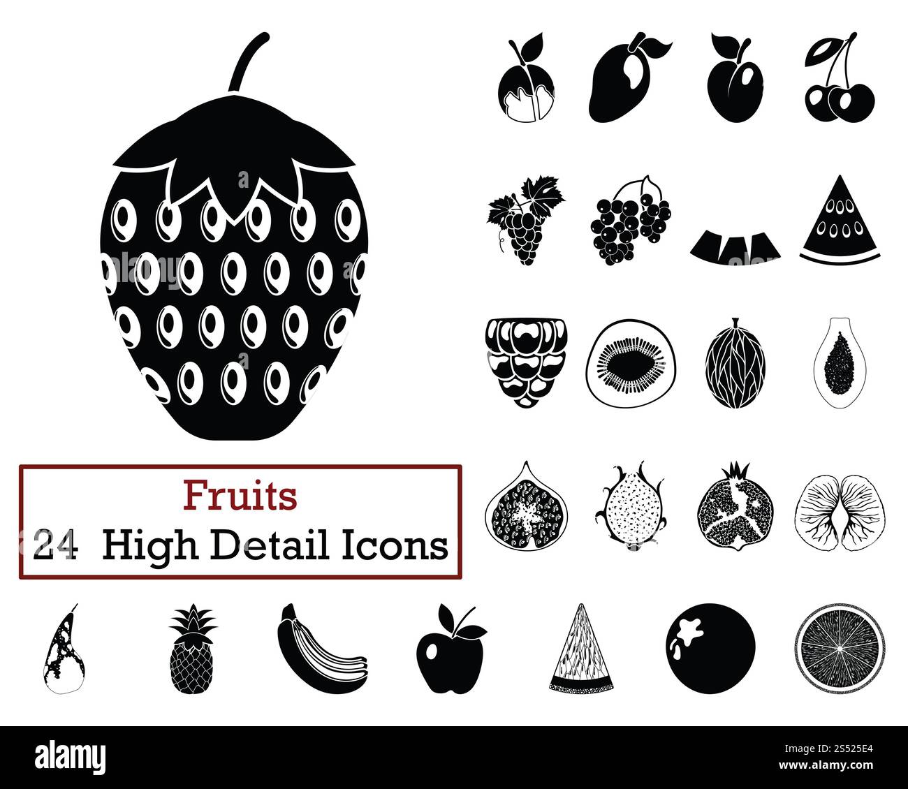 Set of 24 Fruit Icons. Monochrome color design. Vector illustration ...