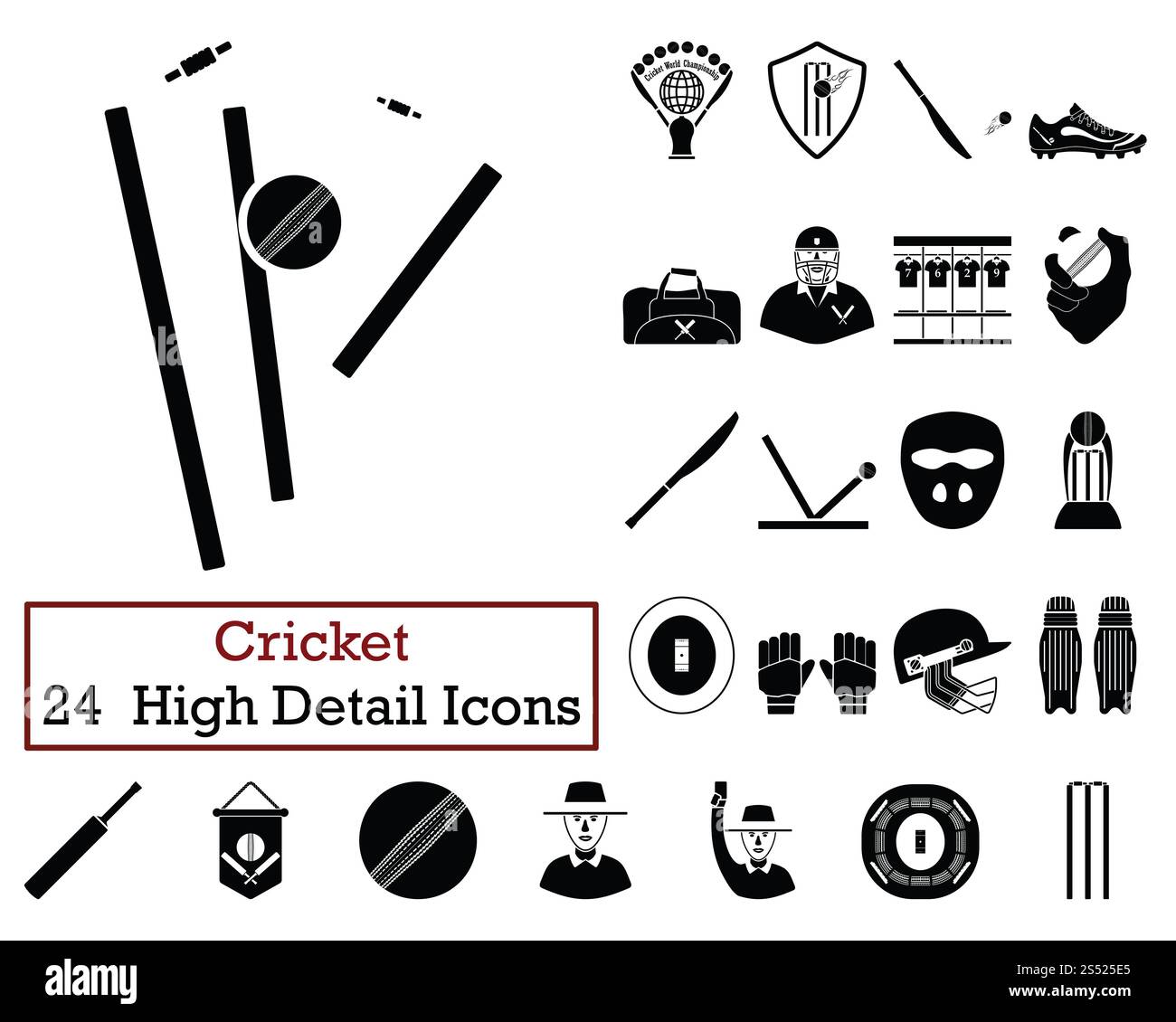 Set of 24 Cricket Icons. Monochrome color design. Vector illustration ...