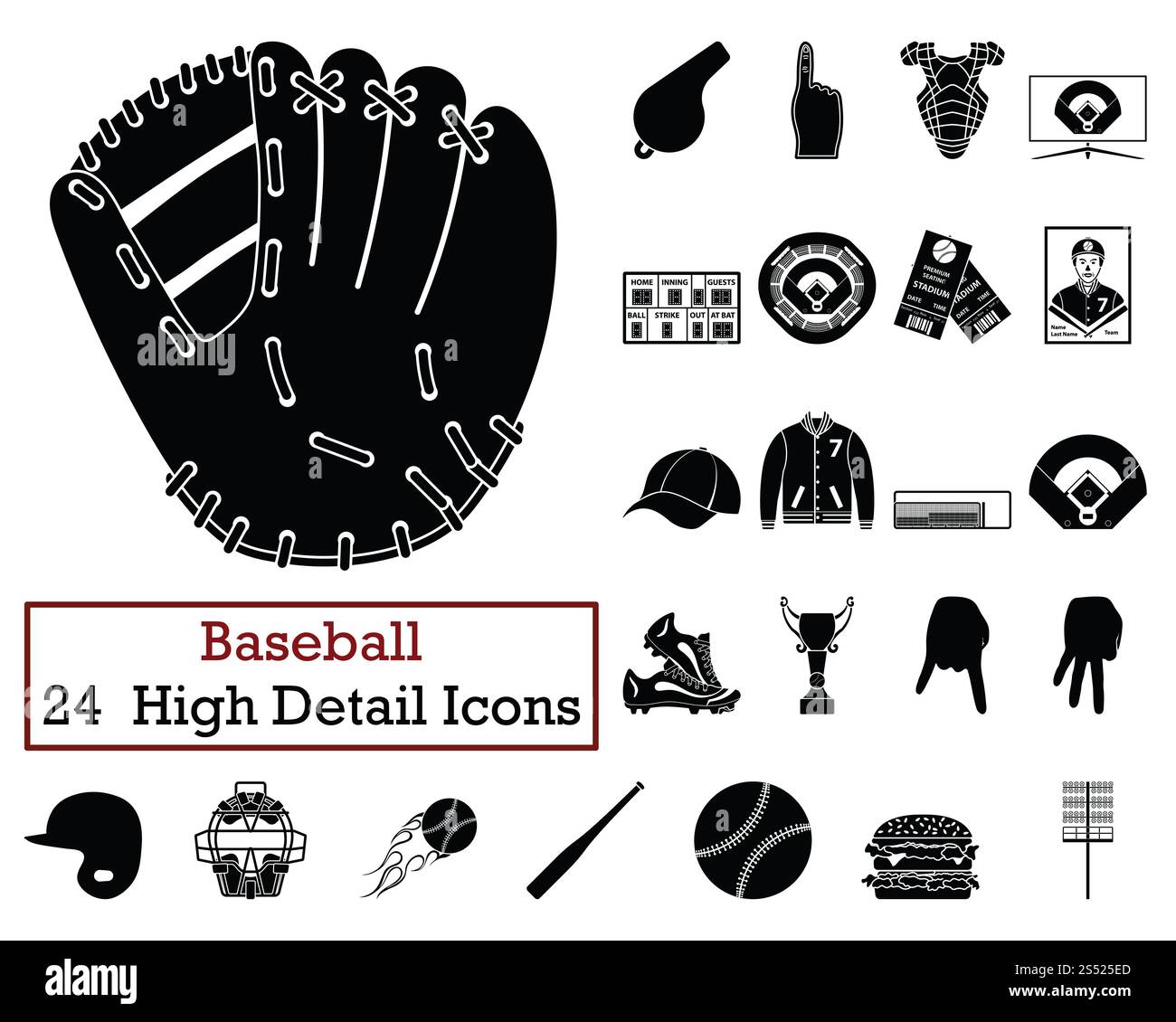 Set of 24 Baseball Icons. Monochrome color design. Vector illustration ...