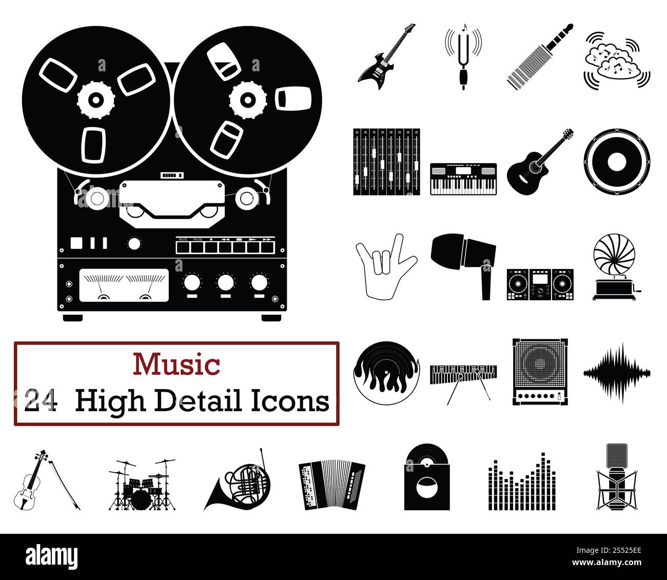 Set of 24 Music Icons. Monochrome color design. Vector illustration ...