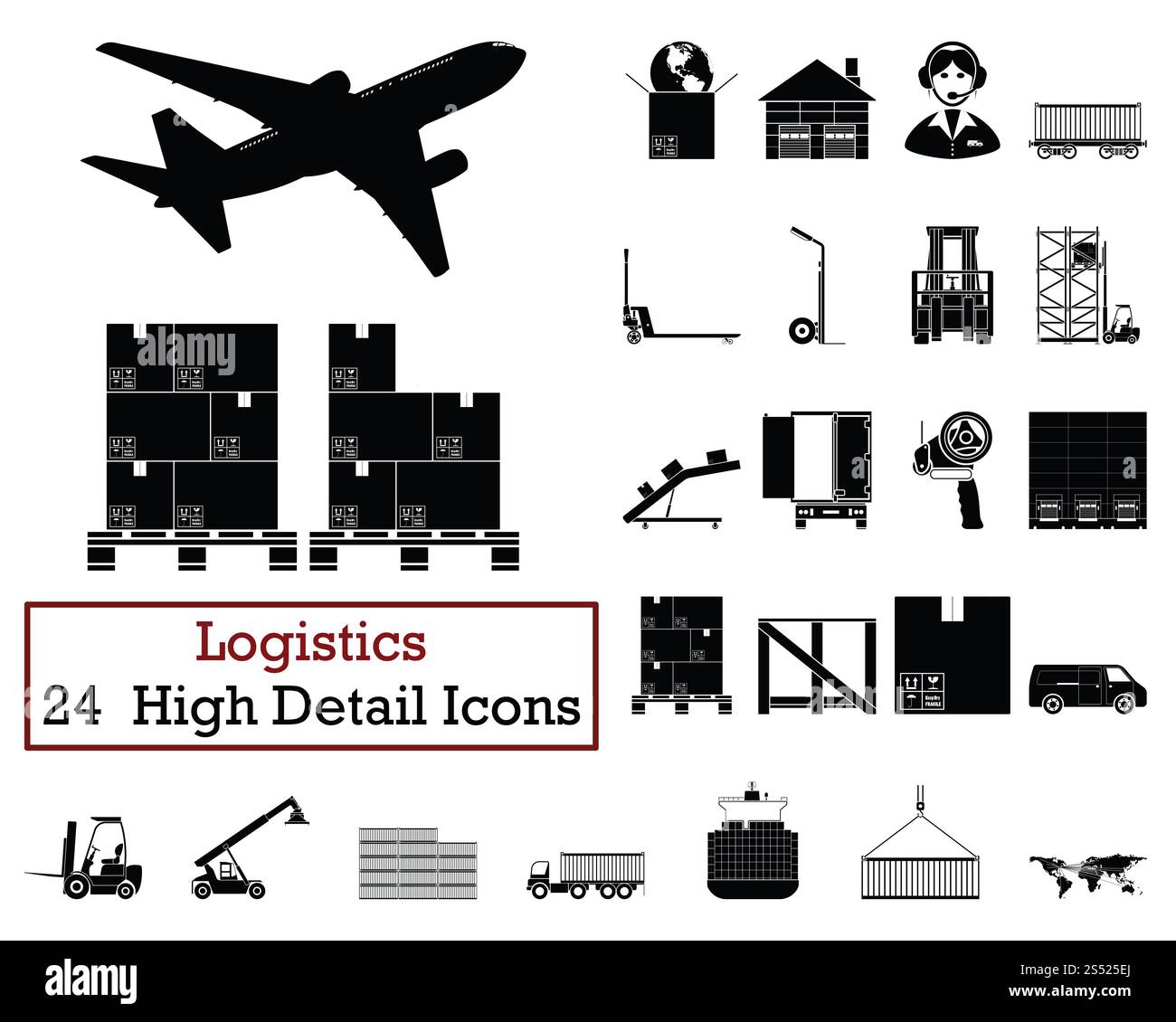 Set of 24 Logistics Icons. Monochrome color design. Vector illustration ...