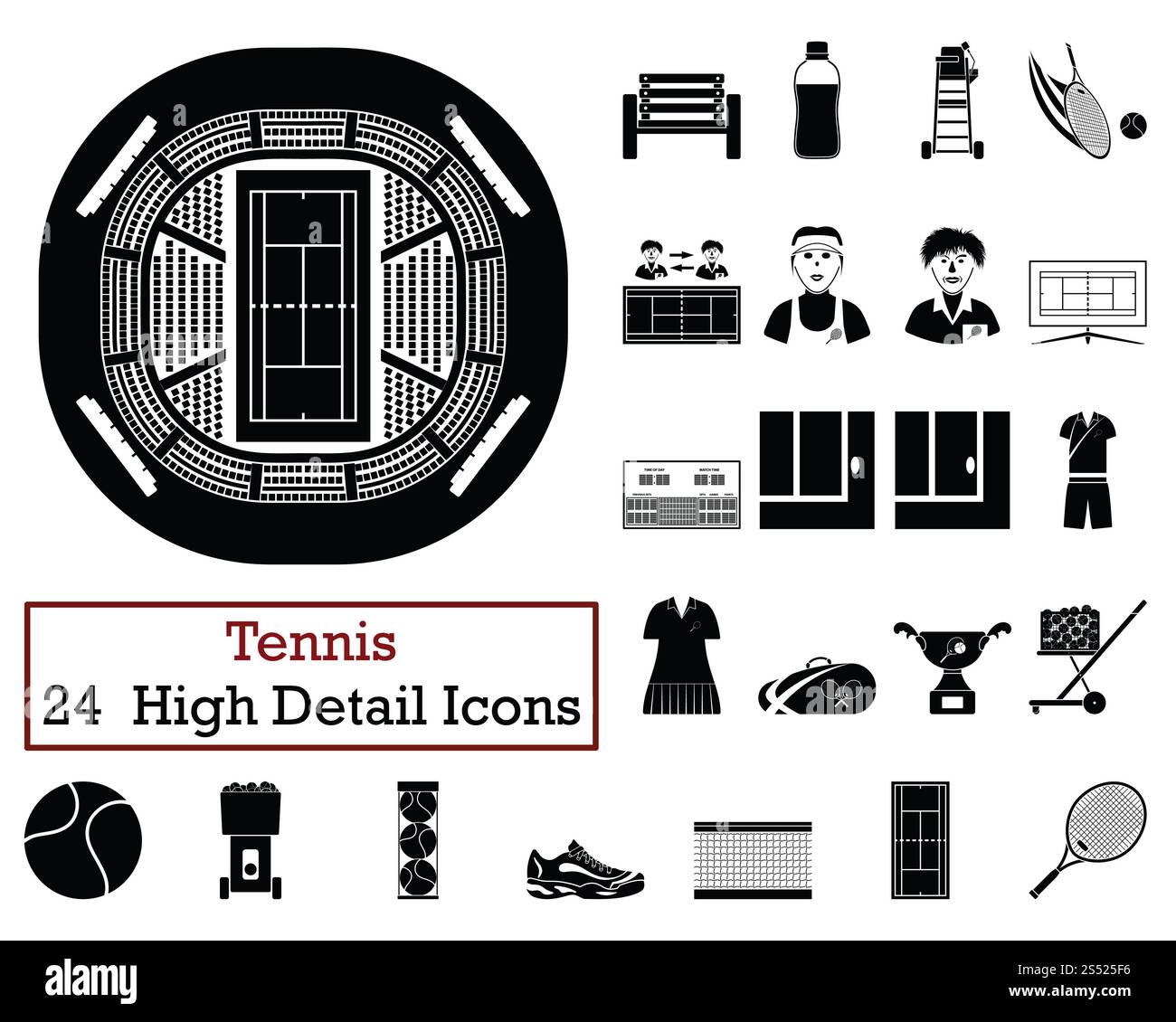 Set of 24 Tennis Icons. Monochrome color design. Vector illustration ...