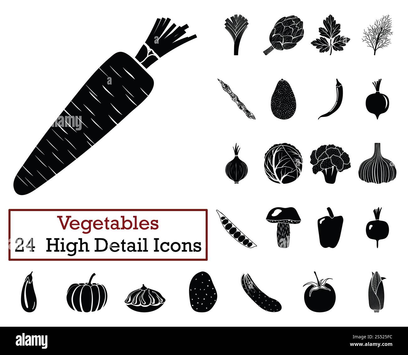 Set of 24 Vegetables Icons. Monochrome color design. Vector ...