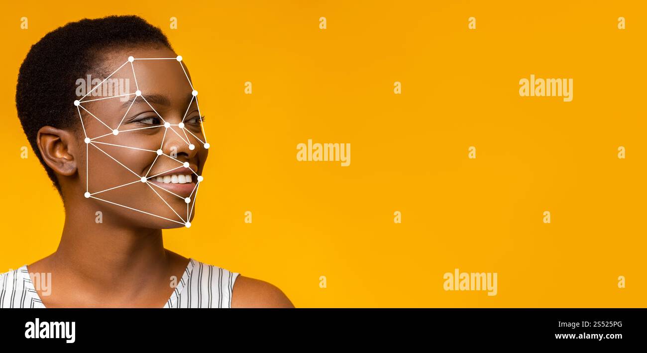 Facial recognition technology on happy woman with bright background ...