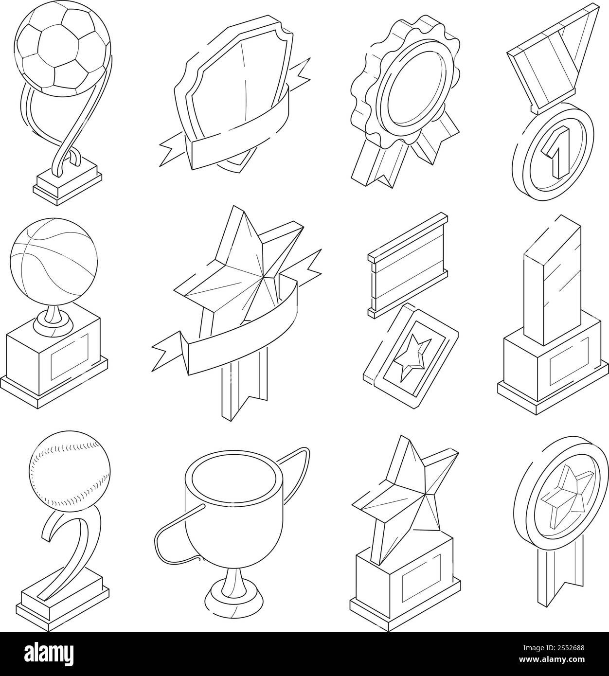 Linear isometric icon set of various sport trophies. Winner and ...