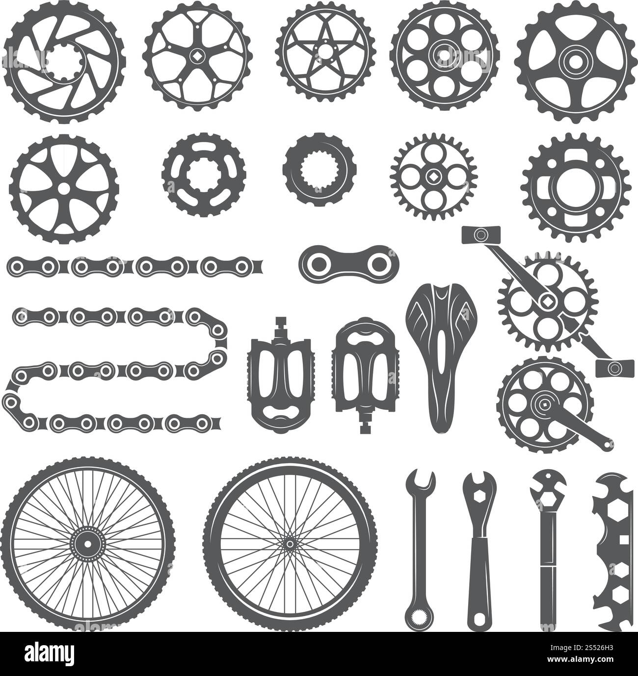Gears, chains, wheels and other different parts of bicycle. Bike pedal ...