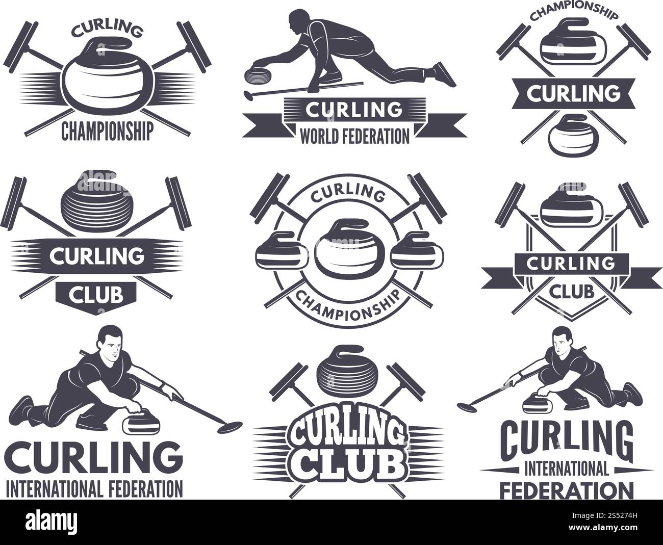 Monochrome badges of curling. Labels for sport teams. Curling sport ...