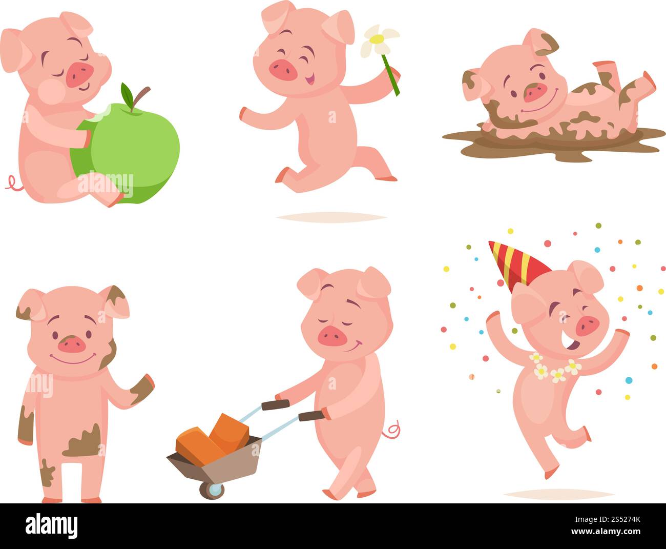Funny pink pigs playing games. Cartoon pig fun and smile, piglet ...