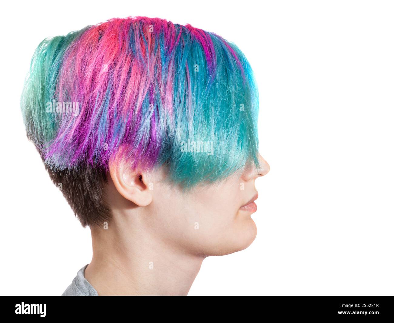 female profile with multi colored dyed hairs on white background Stock ...