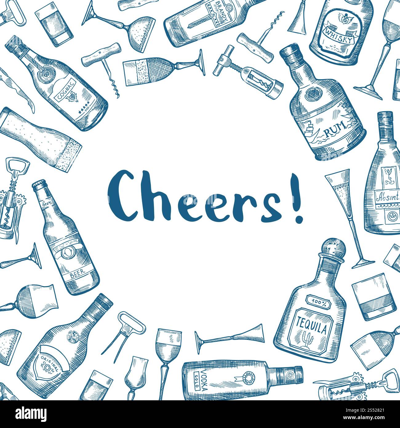 Vector hand drawn alcohol drink bottles and glasses background ...