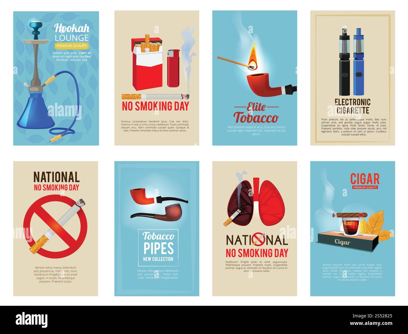 Different vector cards with illustrations of various tools for smokers ...