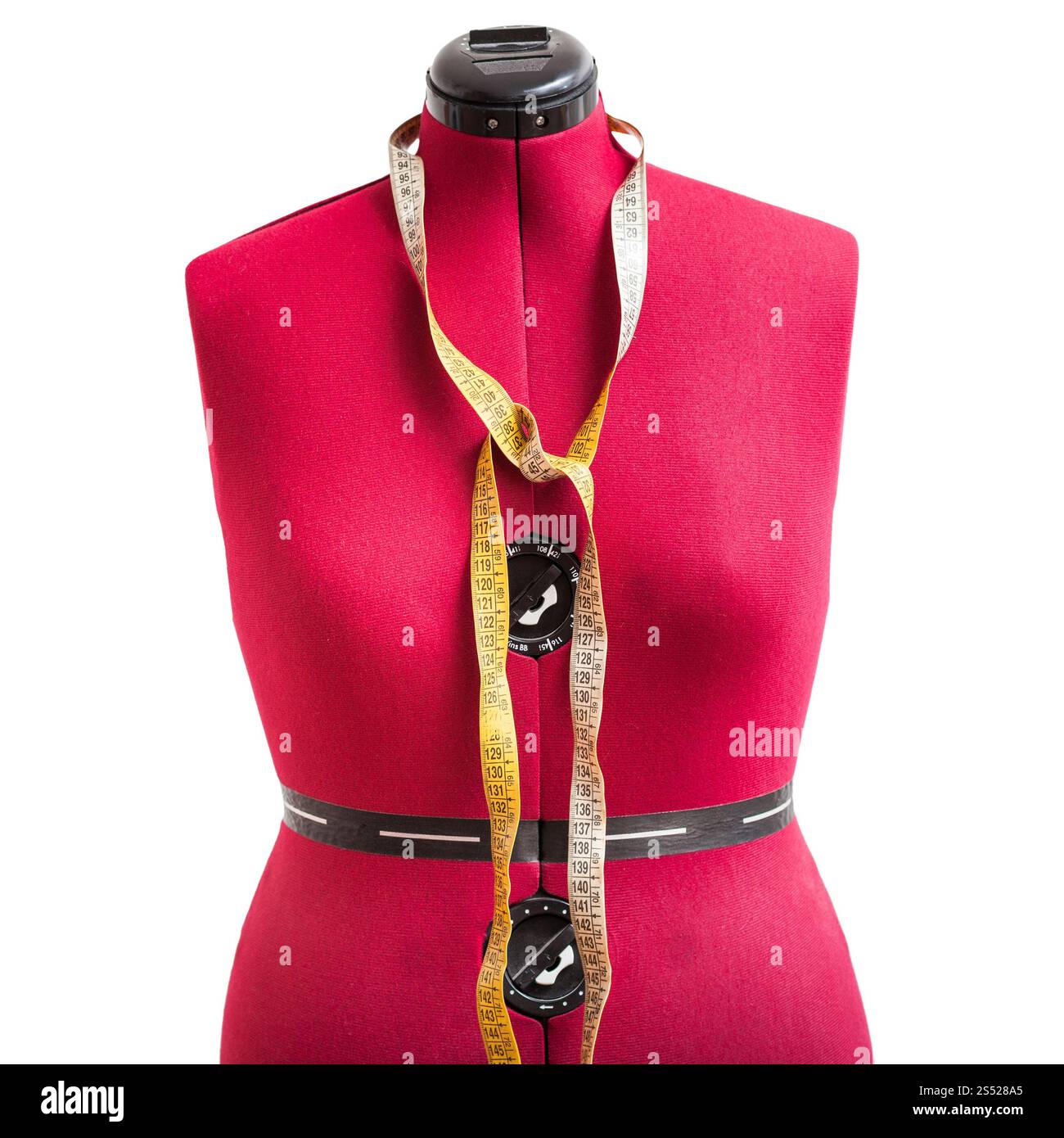 front view of red dress form with knotted measuring tape isolated on ...