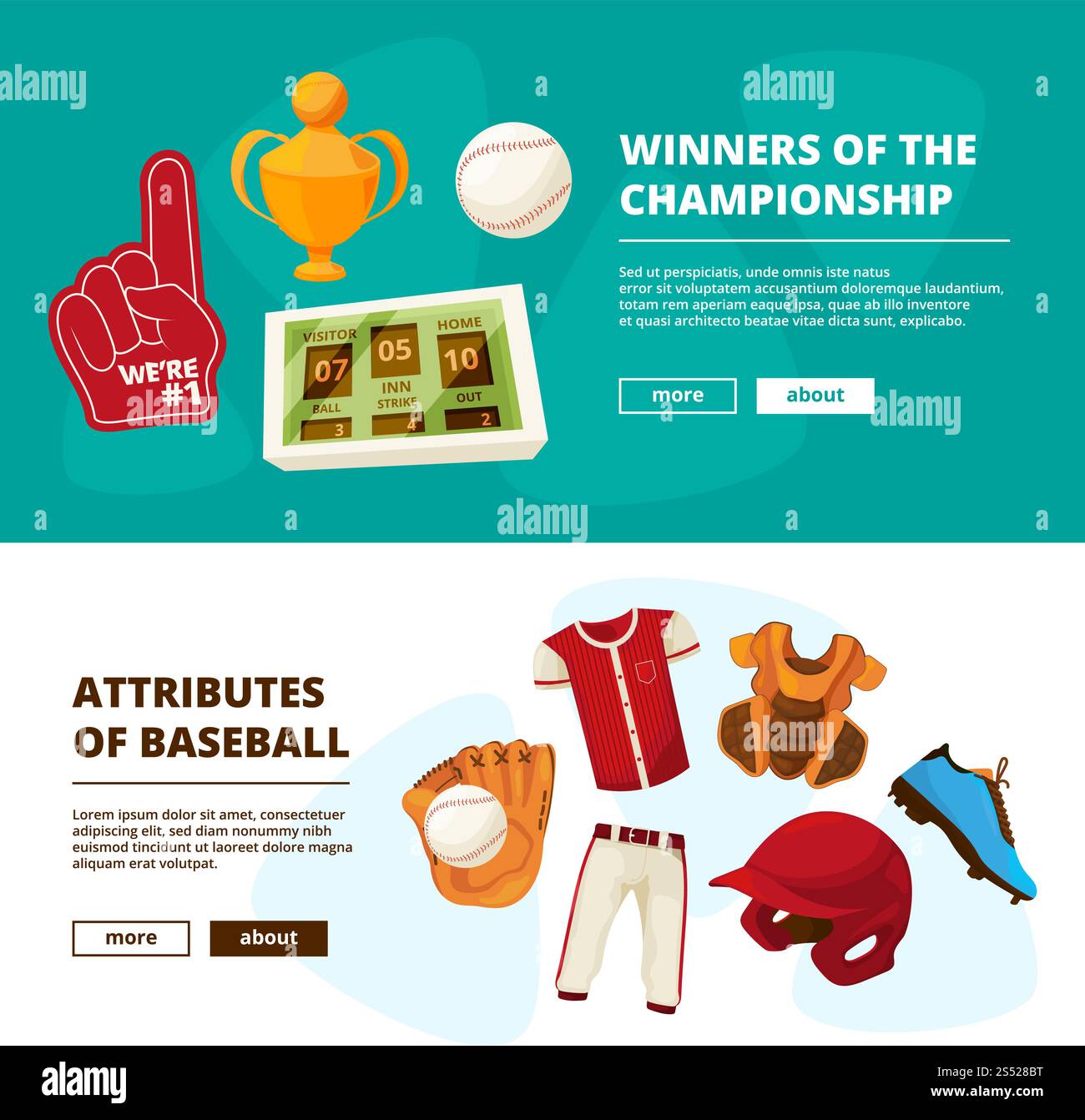 Horizontal banners with pictures of baseball symbols. Vector american ...