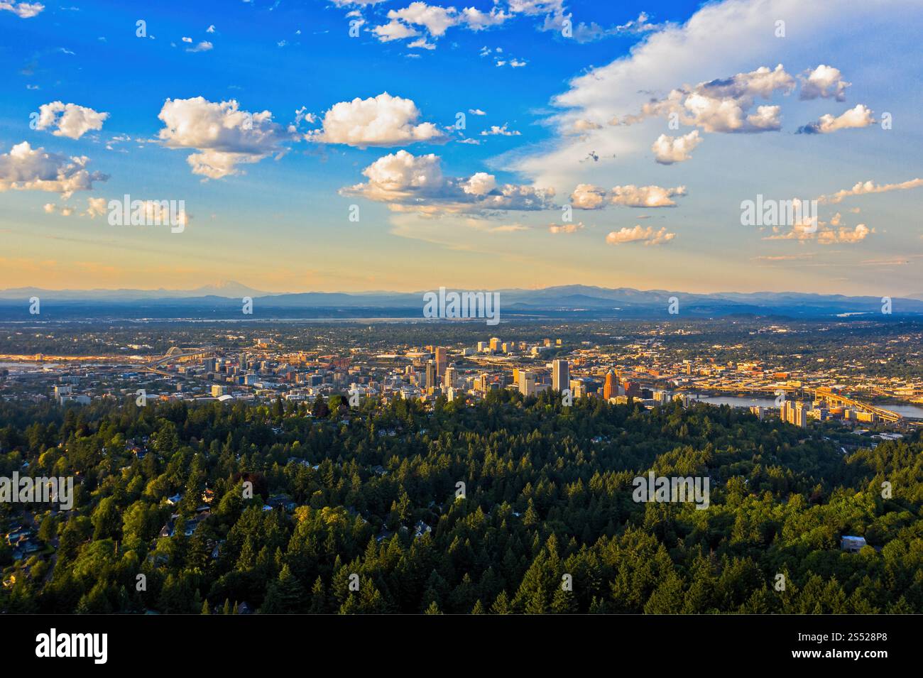 Aerial View of a City With Forest and Mountains at Sunset, Portland ...