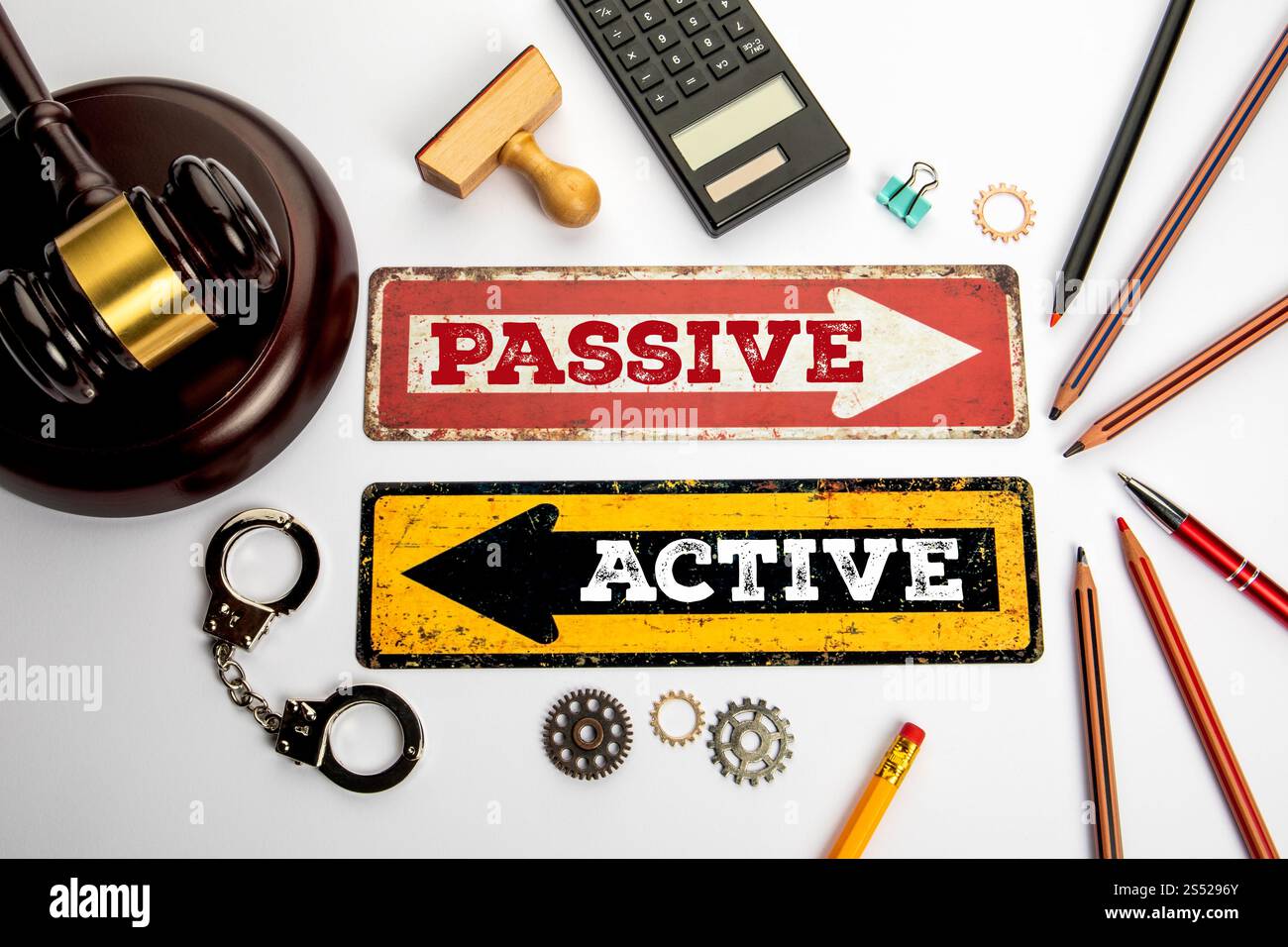 Passive - Active. Red and yellow directional arrow with text Stock ...