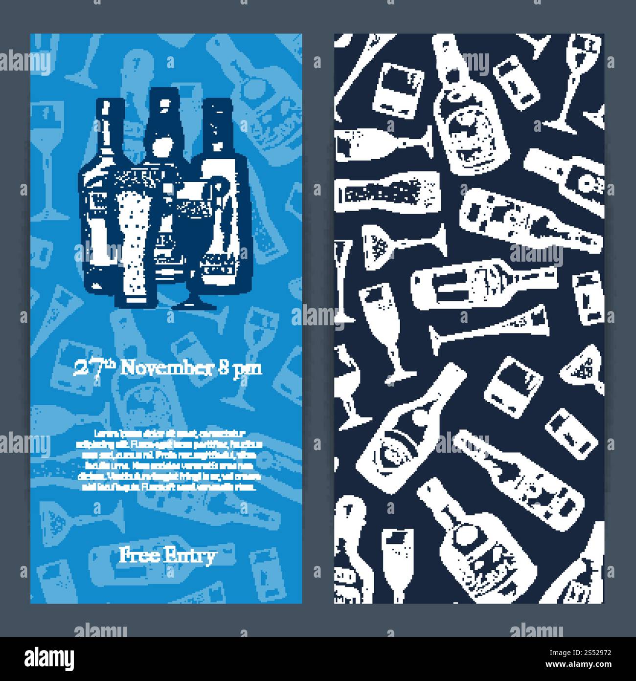 Vector hand drawn alcohol drink bottles and glasses vertical invitation ...