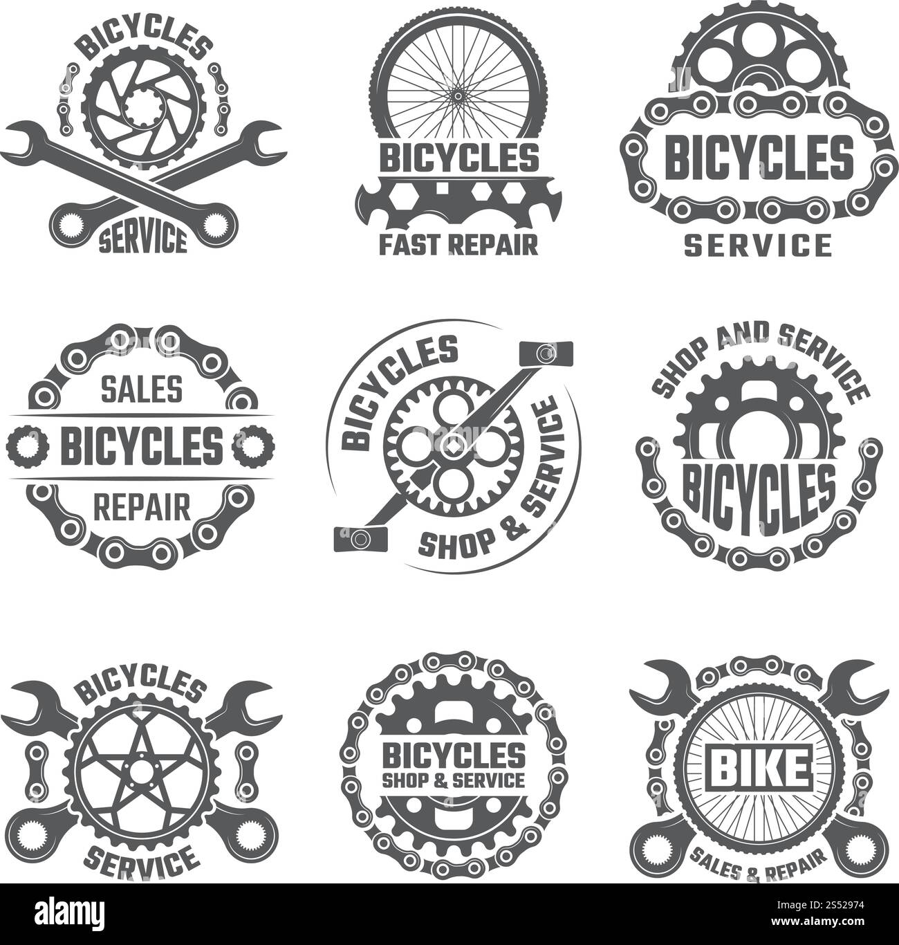 Labels template design with gears, chains and other parts of bicycle ...