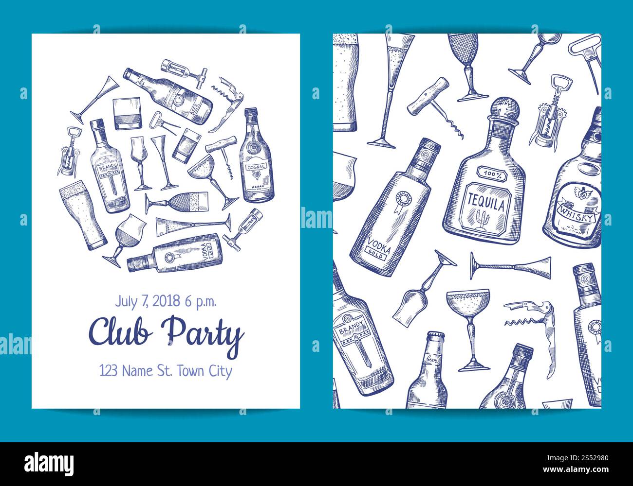 Vector hand drawn alcohol drink bottles and glasses card of set, flyer ...