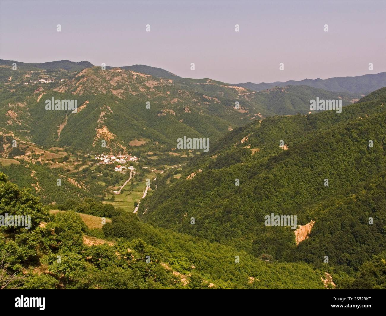 europe, greece, thrace, xanthi province, view with villages of ano ...