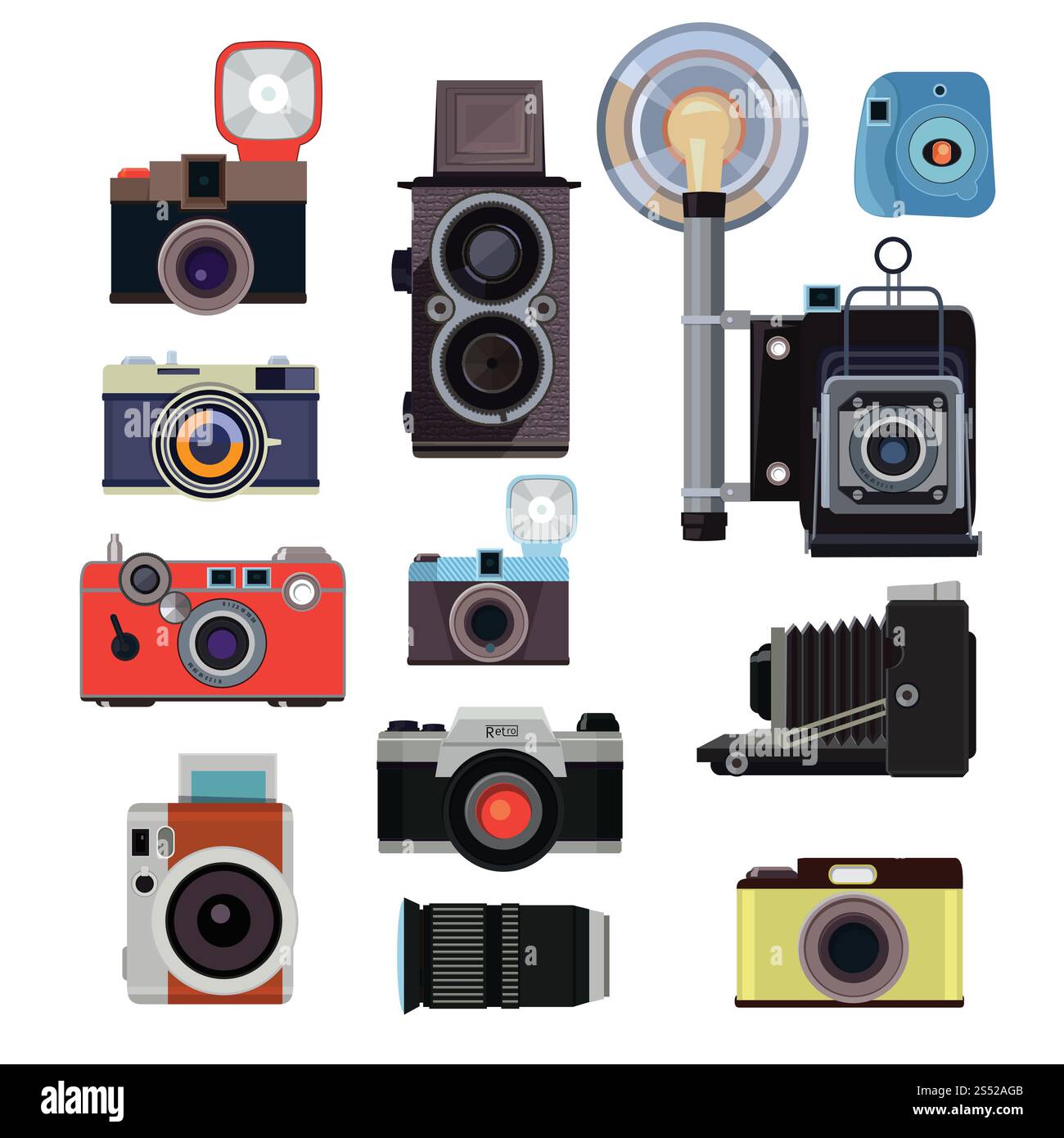 Retro old cameras and symbols for photographers. Vector flat pictures ...