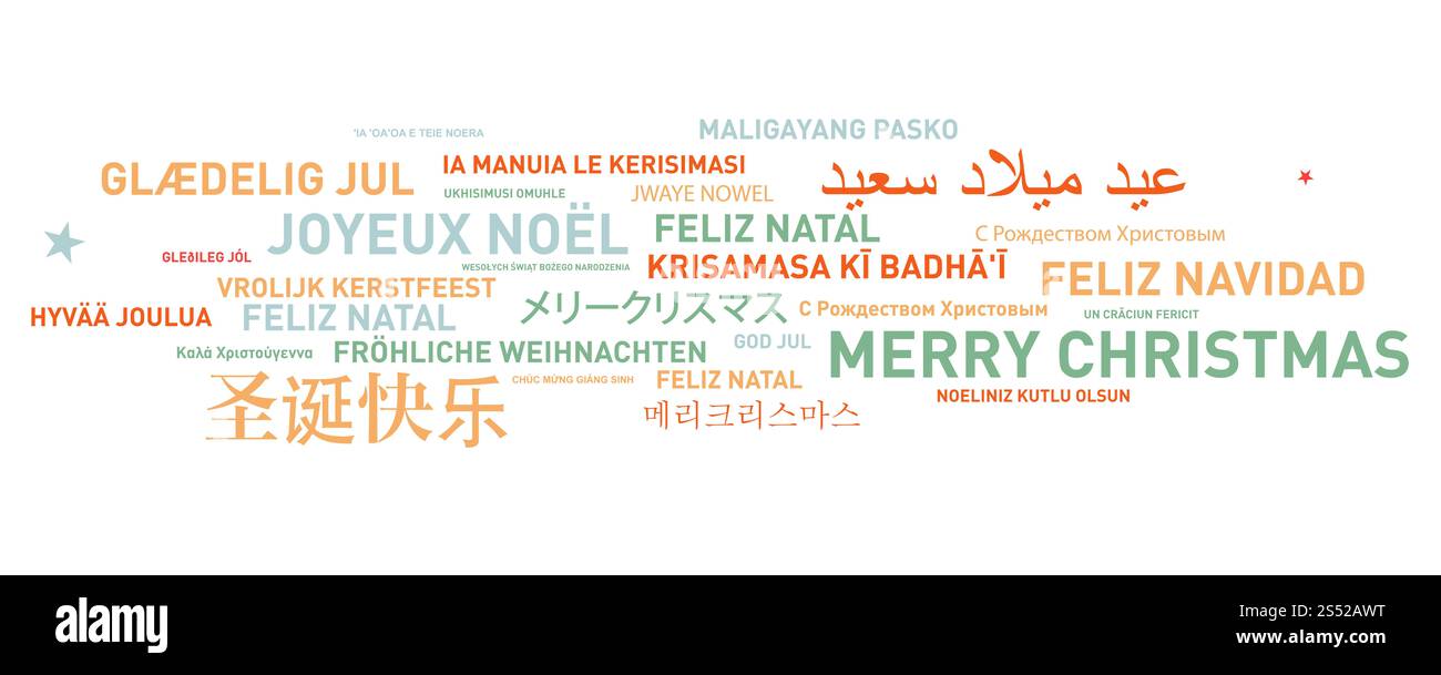 Merry christmas from the world. Different languages celebration card ...