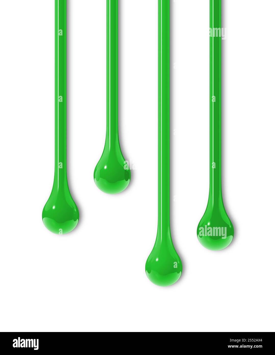 3D green ink drops isolated on white with shadows. Green ink drops ...