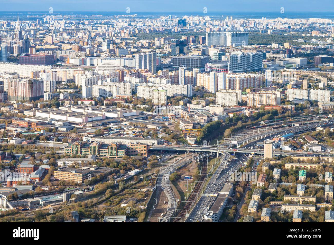 above view of Railway Central Circle and north of Moscow city from ...