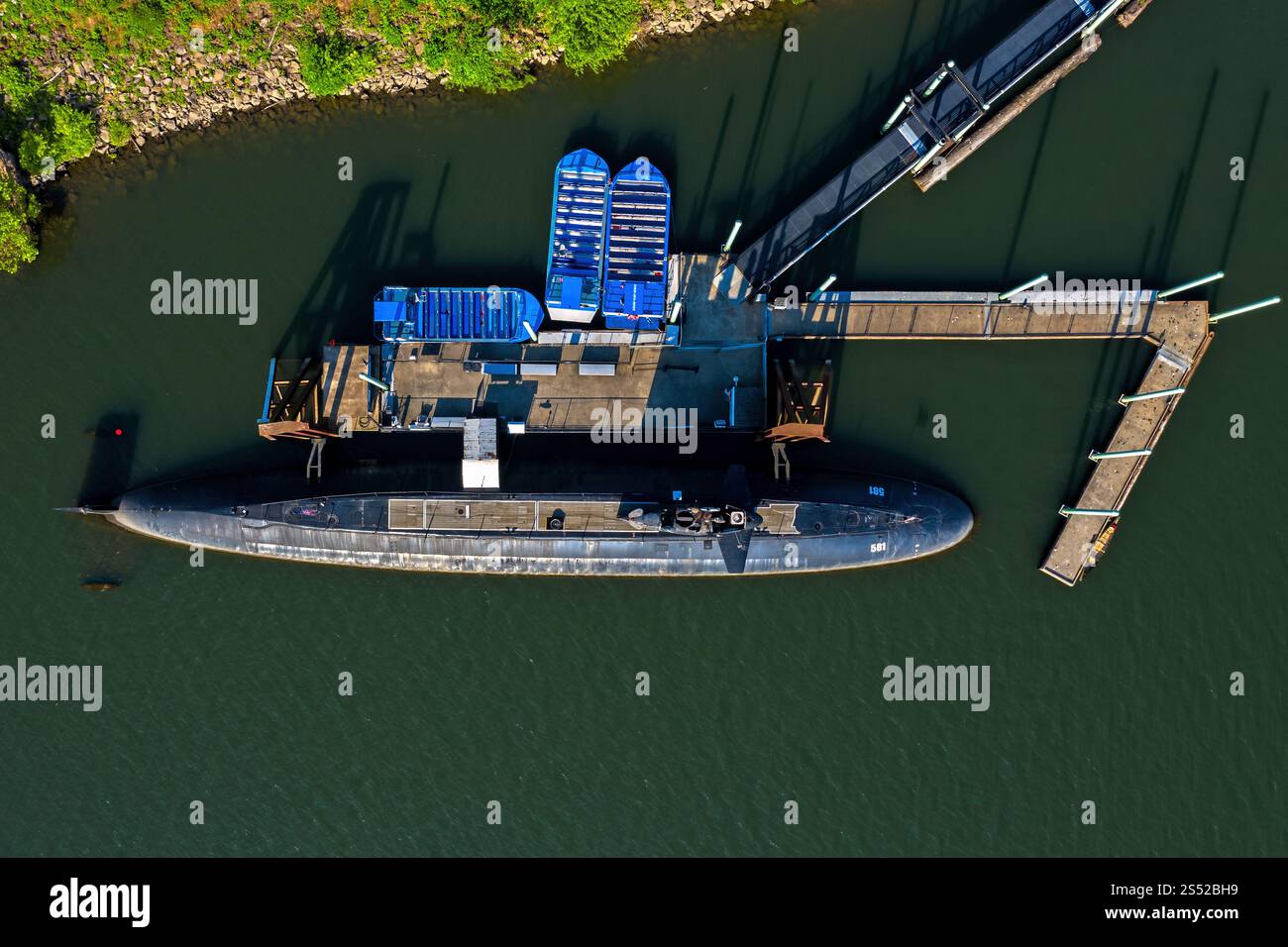 Aerial View of Submarine USS Blueback Docked at Pier in Serene ...