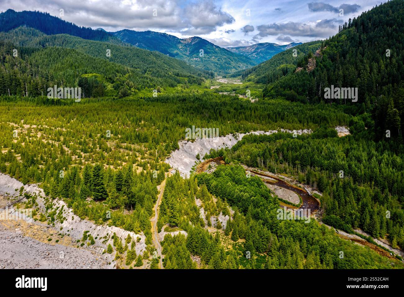 Aerial View of Rolling Hills, Forest, and Meandering River in ...