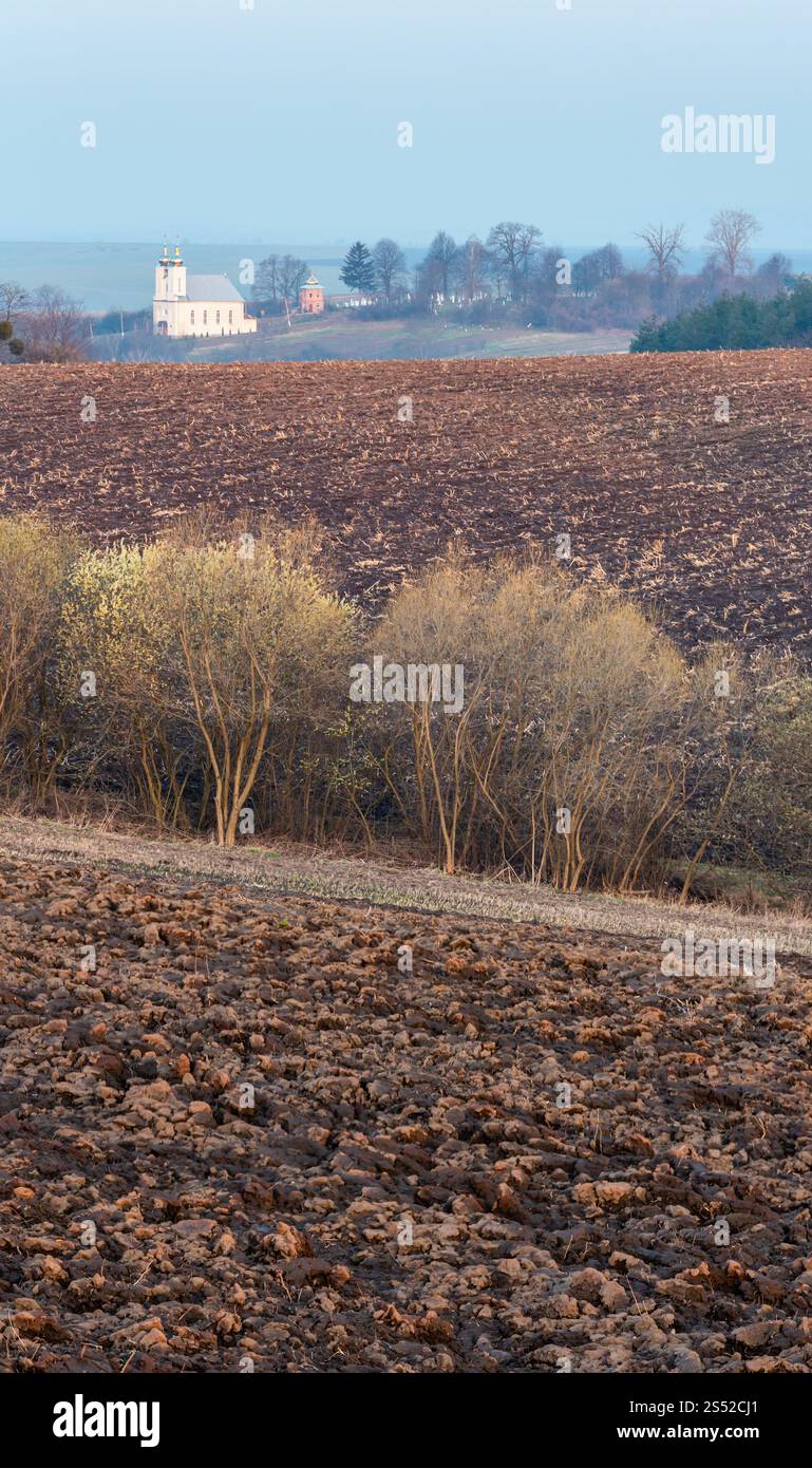 Spring early morning rural country landscape with plowed agricultural ...