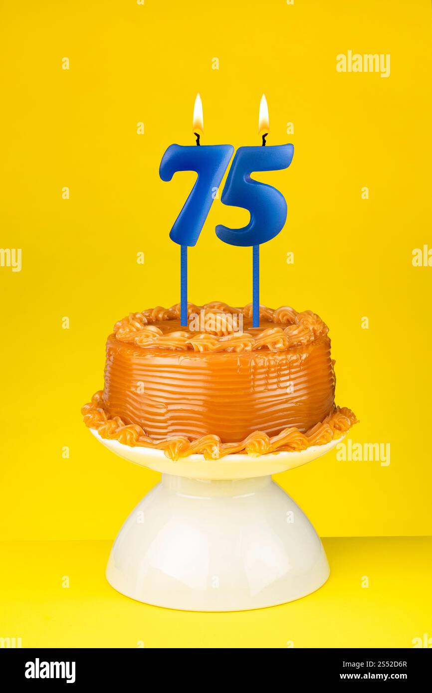 Happy birthday cake with number 75 candle - Card on a yellow background ...
